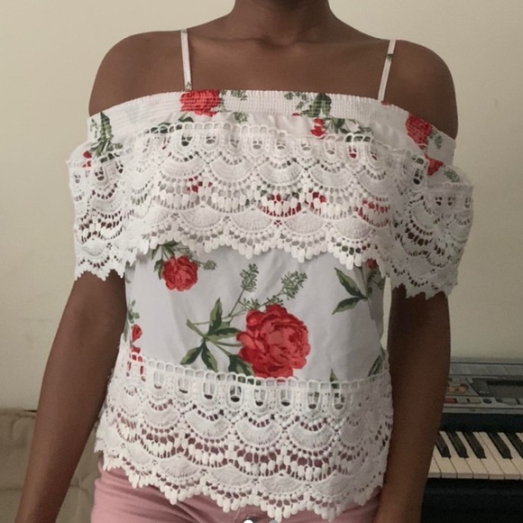 Tops | Off Shoulder White Top With Roses | Poshmark